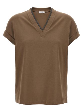 Brunello Cucinelli Monile V-Neck Cotton T-shirt - Taupe
