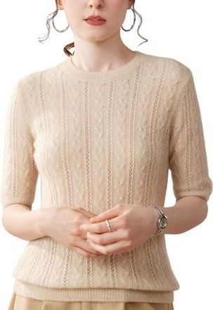 Dissa Pull Cachemire Femme Col Rond Torsade Tricoté Ajust Manches Courtes Fin Pull en Cachemire et Laine,Beige,EU 38,MH573