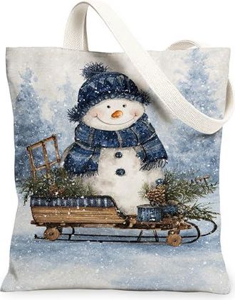 Generic Sacs fourre-tout en toile avec motif bonhomme de neige - R&eacute;utilisables - L&eacute;gers et lavables - Pour voyage, plage, pique-nique - 33 x 38 cm