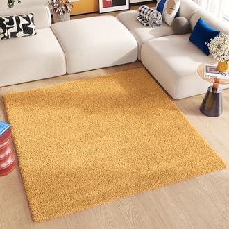 Tapiso Essence Carr&eacute; Tapis Shaggy Poils Longs Moderne Moutarde Jaune Uni Tapis Salon Chambre Adulte Enfant Descente de Lit Moelleux Super Soft Epais Oeko-TEX