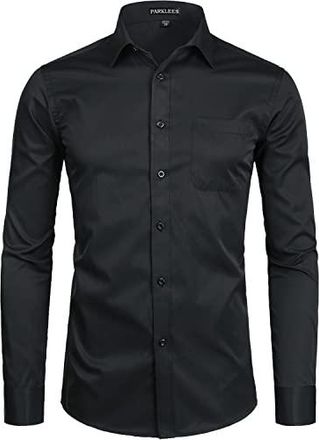 PARKLEES Chemise à manches longues pour homme - Coupe ajustée - Style décontracté - Avec poche, Noir, 3XL