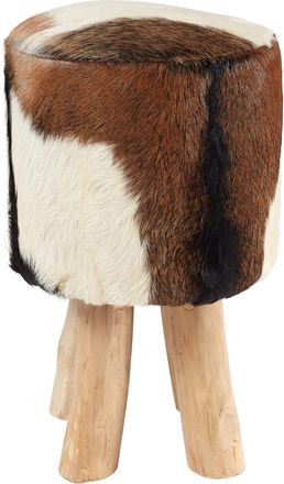 Landscape Hocker, Braun, Natur, Weiß, Holz, Leder, Echtleder, Ziegenleder, Teakholz, massiv, rund, 32x50x32 cm, Wohnzimmer, Hocker