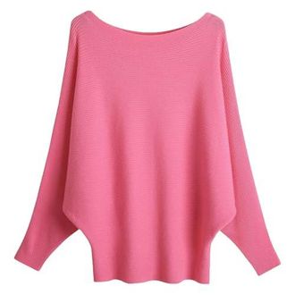 Generic Pull tricot&eacute; &agrave; manches chauve-souris et col bateau pour femme, pull tricot&eacute; &agrave; manches chauve-souris Dolman, rose, Taille unique