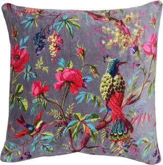 Riva Paoletti Paradise Quadratischer Kissenbezug - Mink Bunter Vogel-Print Samtiger Baumwollstoff (50 x 50 cm, 1 Stück)