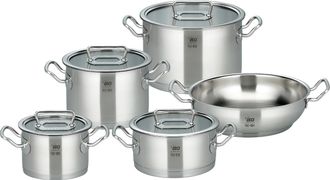 ELO Premium Topfset Gourmet Plus 5 tlg., für alle Herdarten geeignet, Edelstahl, integriertes Öl-Dosiersystem, Volumenskala