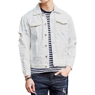 Generic Veste en jean pour homme, coupe ajust&eacute;e, d&eacute;chir&eacute;, veste en jean vieilli, style urbain d&eacute;contract&eacute;, v&ecirc;tements dext&eacute;rieur, blanc, XXL