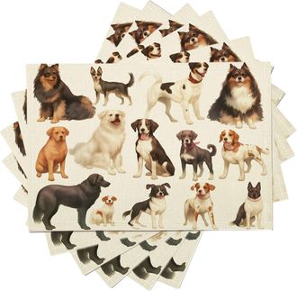 Generic 6 St&uuml;ck Platzset Niedliches Hundemotiv, 30x45cm Abwaschbar, Tierillustration Bedruckte Tischsets, Cremefarben rutschfeste aus Leinen dekorativ, Geeign