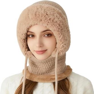 Generic Bonnet dhiver &eacute;pais doubl&eacute; Peluche pour Femme, 3 Bonnets &agrave; Capuche r&eacute;sistants au Vent, tricot&eacute;s et Chauds, avec &eacute;charpe, Kaki, Taille Unique