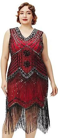 Babeyond Robes de soirée pour Femmes - Grande Taille - Robe Gatsby des années 1920 dotée dun col en V, de Perles et de Franges, Rouge, Taille 4XL