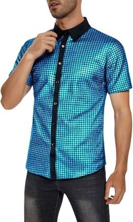 Generic Robe scintillante &agrave; manches courtes et col &agrave; revers pour homme - Chemise &agrave; boutons &agrave; paillettes - Coupe ajust&eacute;e - Doux &agrave; porter - Costume disco brilla