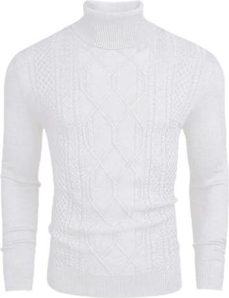 Coofandy Pull Homme Hiver Tricot Col Roul&eacute; Slim Fit Motif Torsad&eacute; Manches Longues sans Capuche Blanc XXL