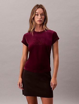 Calvin Klein Schmales Velours-t-shirt Mit Grafischem Logo - Hot Berry - Damen - 2XS