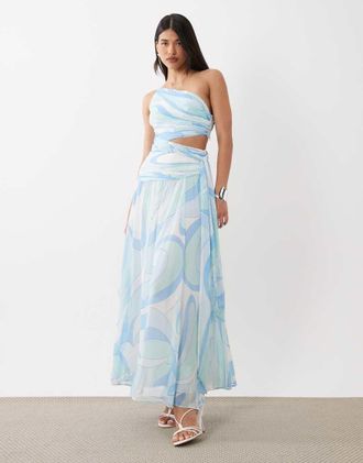 Forever New Robe longue fronc&eacute;e asym&eacute;trique &agrave; d&eacute;coupes - Bleu &agrave; motif ondoyant