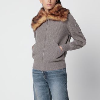 Moose Knuckles Grauer Wollcardigan mit Kunstpelzkragen