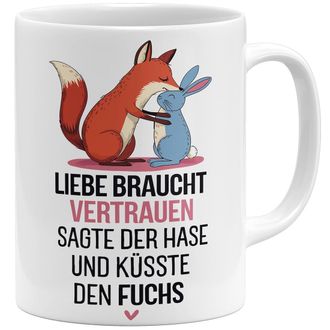 OM3 witzige Kaffee-Tasse mit Spruch - Liebe braucht Vertrauen - Hase & Fuchs - Keramik Becher - 325ml - Beidseitig Bedruckt - Weiss