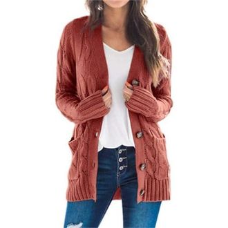 Generic Cardigan d&eacute;contract&eacute; en tricot torsad&eacute; ouvert sur le devant pour femme, rouge brique, 3XL