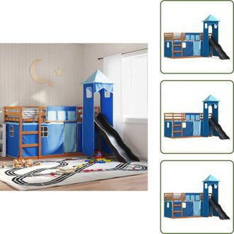 vidaXL Etagenbett mit Rutsche und Gardinen Blau 90x200 cm - Kinderhochbett - Holzbetten - Jugendzimmerm&ouml;bel - Etagenbett Mit Rutsche - Hochbett Mit