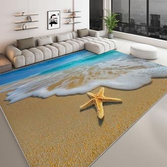 Generic Tapis Salon Bleu pour Lavable, Surréalisme Élégant Plage Étoile De Mer Tapis à Poils Courts Doux et Antidérapant pour Chambre Cuisine Salle de Bains H