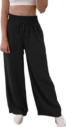 Generic Pantalon en coton et lin pour femme - Jambe large - Pantalon de plage d&eacute;t&eacute; pour femme - Confortable - Pantalon de yoga Palazzo XIYU26039, Noir, XXL