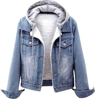 Generic Veste dhiver pour femme sweat &agrave; capuche d&eacute;tachable en fourrure sherpa doubl&eacute;e de molleton en jean chaud vestes de camionneur manteau avec poches (Bleu