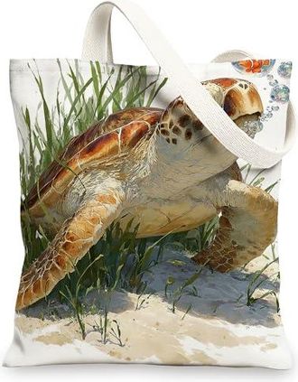 Generic Sacs fourre-tout artistiques en toile, motif tortue, sacs dépicerie réutilisables, sacs en toile lavables à bandoulière pour salle de sport, beige, 13