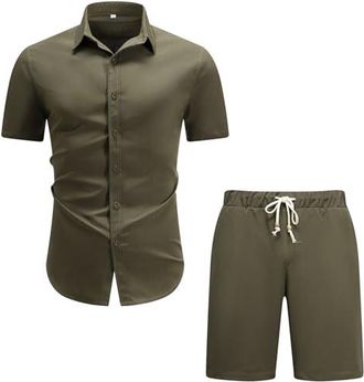 AlltheMen Chemise Ensemble Homme Manches Courtes Couleur Uni Shirt Boutonnée Casual Travail Blouse avec Shorts en Lin dété de Plage Vert 3XL