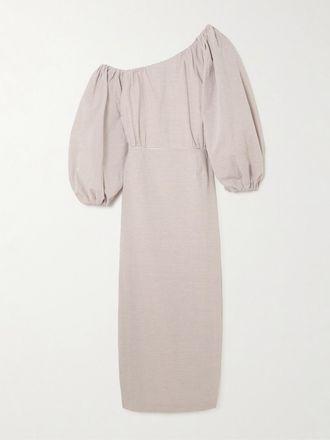 Bernadette Cara Schulterfreies Midikleid Aus Gestreiftem Baumwoll-seersucker Mit Raffungen - Braun