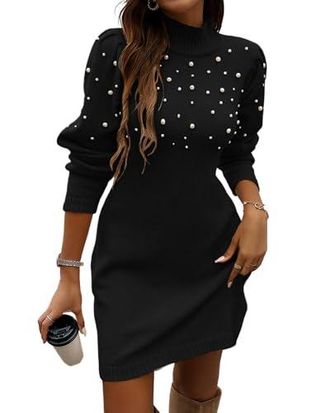 Generic 2026 Robe pull &agrave; col roul&eacute; et perles pour femme, mini robe &eacute;l&eacute;gante &agrave; manches longues en tricot, Noir, XL
