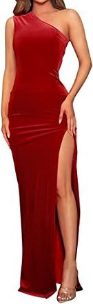 Generic 2026 Robes amincissantes printemps et &eacute;t&eacute; europ&eacute;en pour femmes sans velours fente d&eacute;paule robe longue mince pour femmes, Rouge, XXL