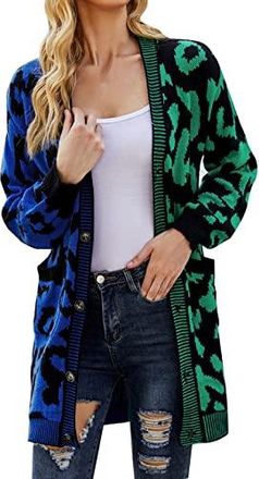 Generic 2026 Vestes dautomne et dhiver pour femme - Imprim&eacute; l&eacute;opard - Coutures tricot&eacute;es - Veste chandail mi-longue, Vert, XL