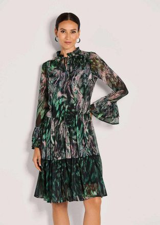 Madeleine Midikleid Elegantes Stufenkleid mit All-Over-Print Printkleid mit R&uuml;schen, Rundhals und langen &Auml;rmeln