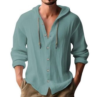 Generic Chemises boutonn&eacute;es en lin pour homme - Haut en coton &agrave; manches longues - T-shirt de plage &agrave; manches longues - Col en V - Chemises en lin boutonn&eacute;es -