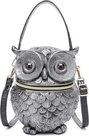 Generic Novelty Owl Shaped Crossbody Bag,PVC Waterproof Weird Halloween Handbag,3D Animal Shaped Purse for Men & Women (Silver)