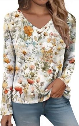 Generic T-shirt à manches longues pour femme avec col en V et imprimé floral vintage, jaune, M