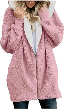 Generic 2026 Veste &agrave; capuche mi-longue en polaire dagneau pour femme Automne et hiver, rose, S