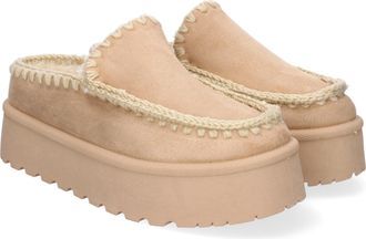 Shoes & Blues Bequeme und elegante Plateau-Clogs f&uuml;r Damen, modernes Design, Nahtdetails und mit Lammfell gef&uuml;ttert., beige, 37 EU