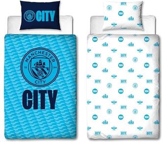 Manchester United MANCHESTER CITY FC Character World Parure de lit 1 Personne avec Housse de Couette et taie doreiller Assortie Bleu réversible