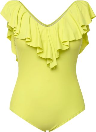 Ulla Popken Damen Badpak, volant, V-hals, softcups Badeanz ge, Neon Gelb, 50 EU