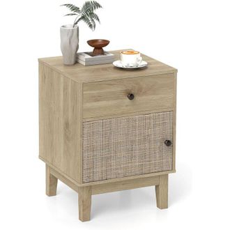 Costway Table de Chevet Bois, Table de Nuit Rotin avec Tiroir, Petite Armoire &agrave; Porte Cannage, Chevet de Lit Boh&egrave;me, Chambre, Noir (2) (1,Naturel)