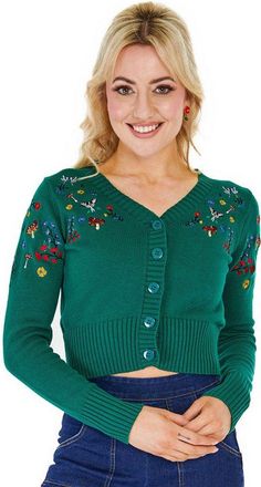 Voodoo Vixen Strickjacke Woodland Embroidery Cropped Cardigan Grün Retro Vintage