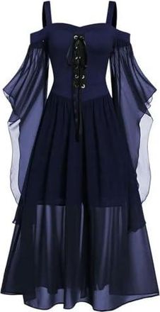 Generic Adulte Grande Taille Femmes Manches Gothique Fée Halloween Médiéval Costume Robe Robe-Style1 Bleu foncé-S