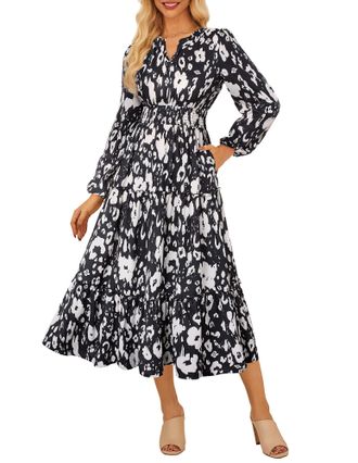 Grace Karin Damen Langarm Kleider Hochzeitsgast Maxikleid Elegant Blumenkleid V-Ausschnitt A-Linie Herbst Kleid Schwarz-Weiße Blumen M