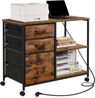 Woltu Caisson de Bureau, Armoire de Bureau à Roulettes, avec Station de Charge, pour Dossiers Suspendus et Meuble Imprimante, avec 3 Tiroirs, 2 Étagères, 2 