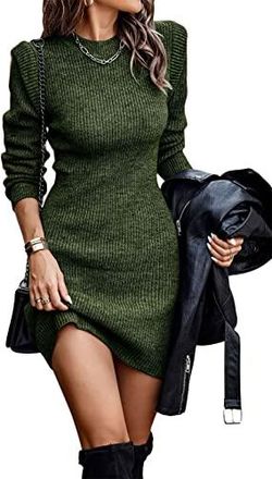 Onsoyours Femme Robe Tricot&eacute;e Robe Pull Casual Manches Longues Col Rond Robe Tricot Uni Robe Pull Loisirs Robe Hiver Mini-Robe Automne Hiver A Arm&eacute;e Verte M