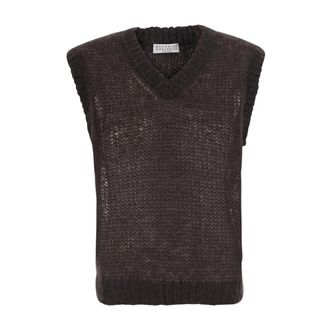 Brunello Cucinelli &Auml;rmelloses V-Ausschnitt-Oberteil - - Knitwear - Damen - Braun - XS
