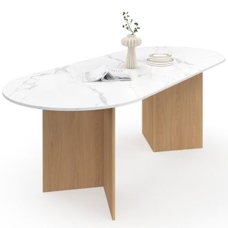 IDMarket Ausziehbarer ovaler Esstisch Marthe 6-10 Personen Platte aus wei&szlig;em Marmor Alaska und Holz in Buchenoptik 160-200 cm