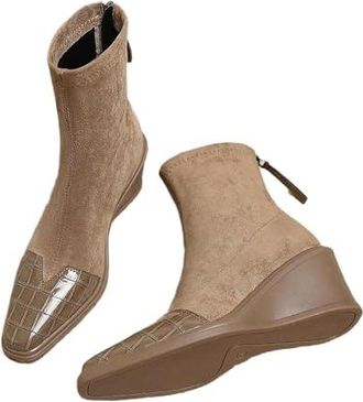 Generic GLDFW Bottines &agrave; talon compens&eacute; &agrave; bout carr&eacute; en daim avec fermeture &eacute;clair arri&egrave;re, Abricot, 40.5 EU
