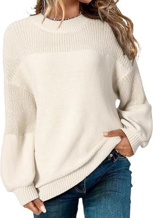 Generic Pull en Maille &eacute;paisse pour Femme, d&eacute;contract&eacute;, Manches Longues, col Ras du Cou, surdimensionn&eacute;, pour lautomne, Blanc, Taille L