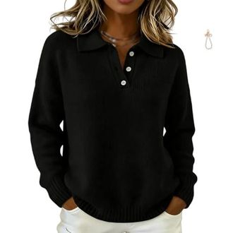 Generic Pull classique &agrave; col en V boutonn&eacute; pour femme - Couleur unie - Automne et hiver, Noir, 3XL