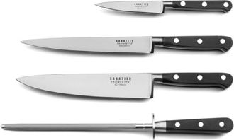 Sabatier Trompette Ensemble 3 couteaux de cuisine et 1 fusil &agrave; aiguiser - Origin - Acier 5Cr15MoV - Finition Satin&eacute;e - Noir